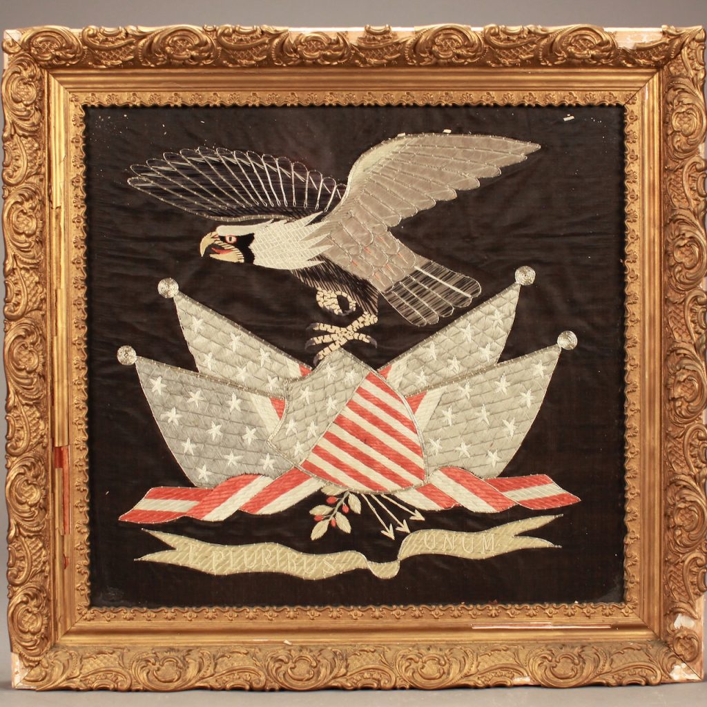 LOT 126 19TH C. PATRIOTIC EAGLE SILK WORK DEPICTING AN EAGLE SPREAD ...