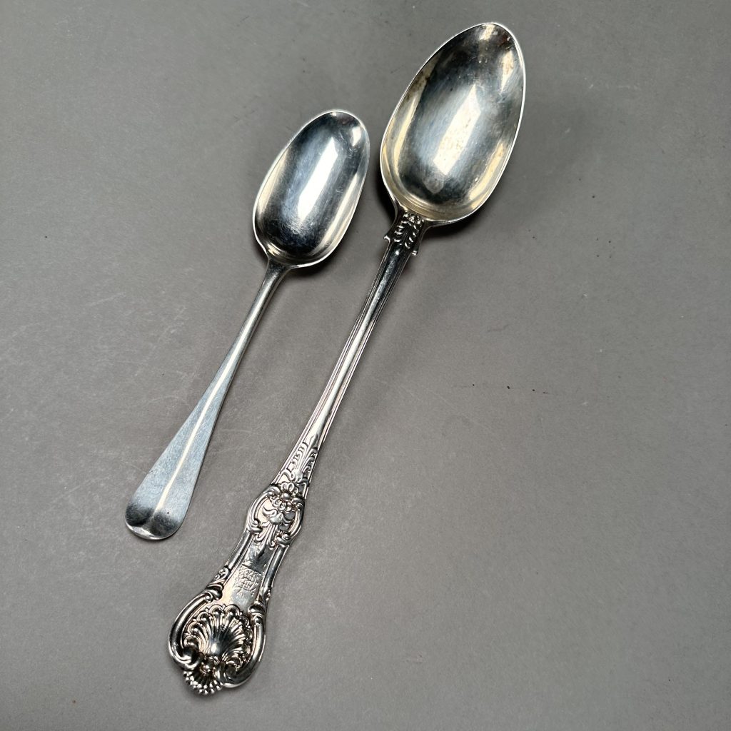 LOT 021 TWO EARLY ENGLISH STERLING SILVER SPOONS: (1) 12″ STUFFING ...