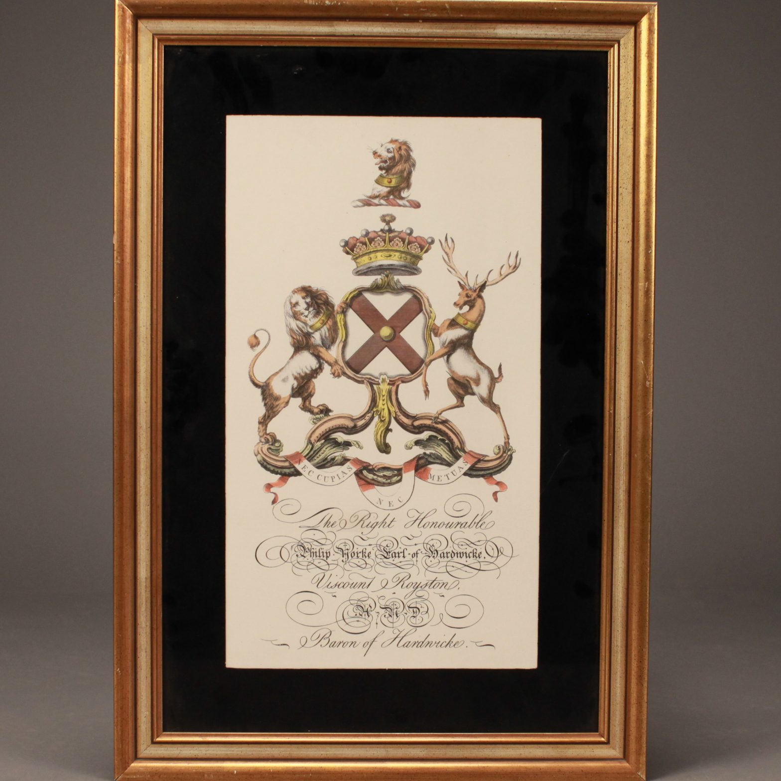 LOT 195 FRAMED PRINT OF THE HARDWICKE FAMILY COAT OF ARMS, “THE RIGHT ...