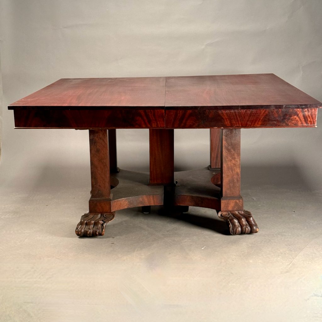 LOT 145 LARGE MAHOGANY ANTIQUE DINING TABLE WITH PROVENANCE, SQUARE WITH 5 LEAVES, LARGE CLAW ...