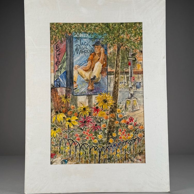 LOT 001 “JACK PAUL MAROON – MANHATTAN CORNER”, WATERCOLOR, UNSIGNED. 21 ...