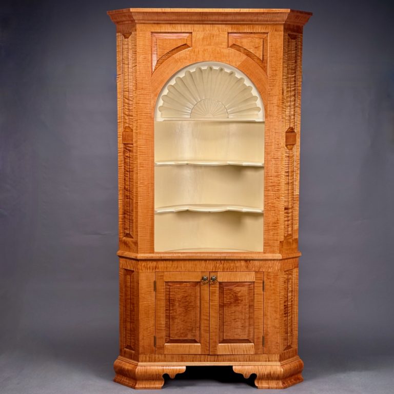 LOT 032 CUSTOM MADE TIGER MAPLE 2-PC CORNER CUPBOARD BY J.P. CALLAHAN ...