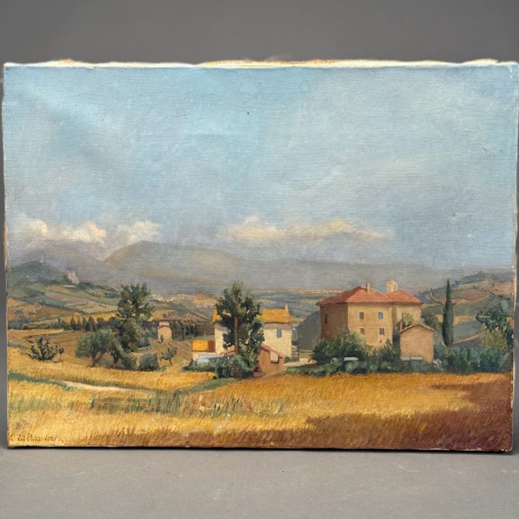 LOT 035 CONSTANCE B. LAPALOMBARA, VALLEY VIEW WITH HOUSES, OIL ON CANVAS, SIGNED LOWER LEFT AND ...