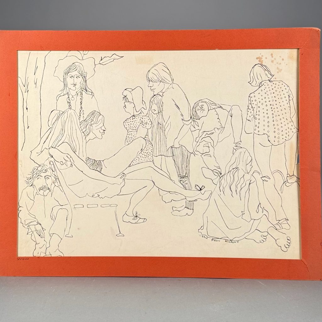 LOT 219 “WOW”, PEN & INK LINE DRAWING, SIGNED. 12-1/4 X 16-1/2 SIGHT ...