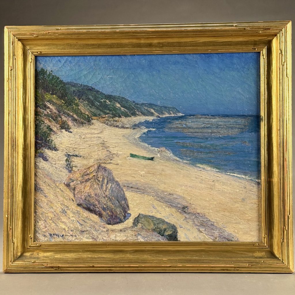 LOT 132 ROBERT F. WILLIAMS, GREEN DORY ON A SANDY SHORELINE, OIL ON ...