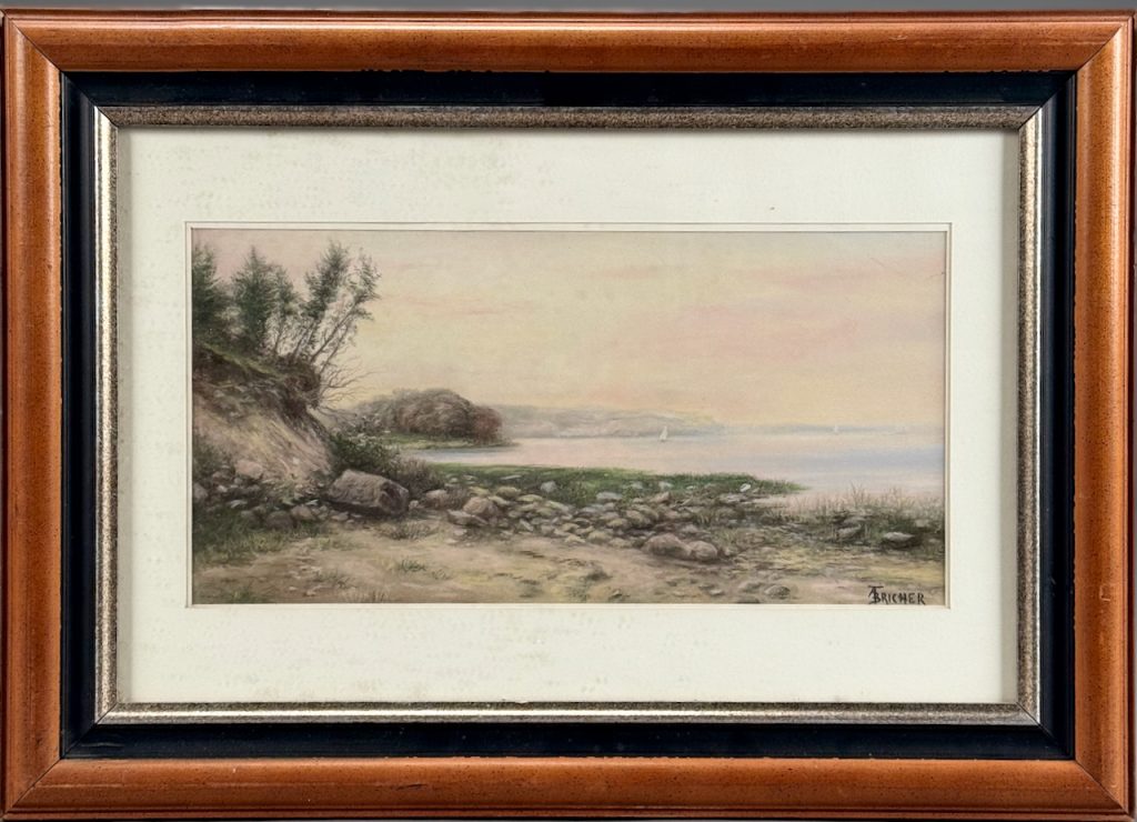 LOT 343 SIGNED, COASTAL SCENE, PASTEL, SPURIOUS A.T. BRICHER SIGNATURE ...